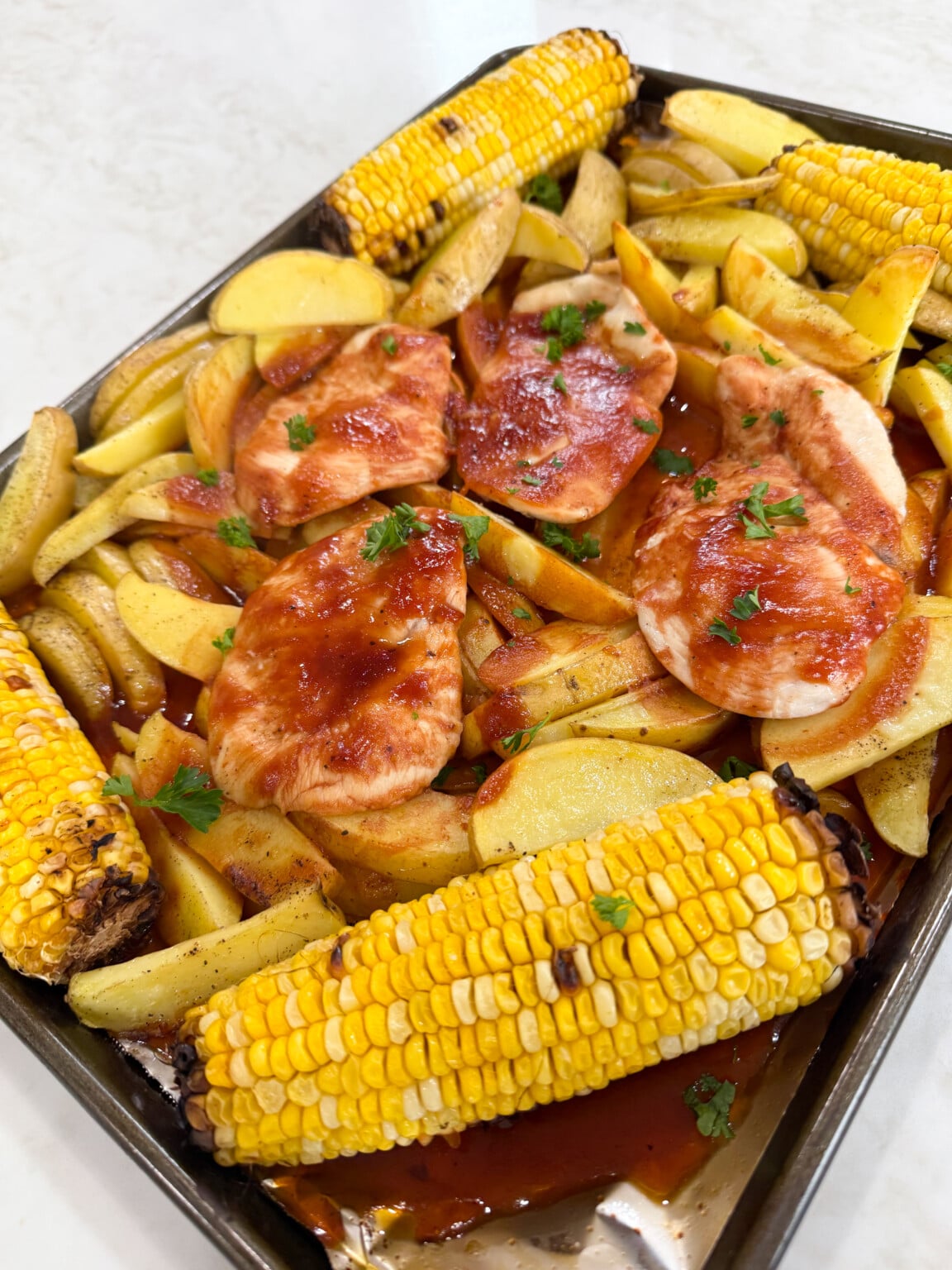 Sheet Pan BBQ Chicken with Corn and Potato Wedges - Julia Pacheco